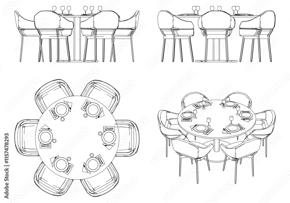 Illustrated Outline of Dining Chairs and Table Set in a Restaurant with ...