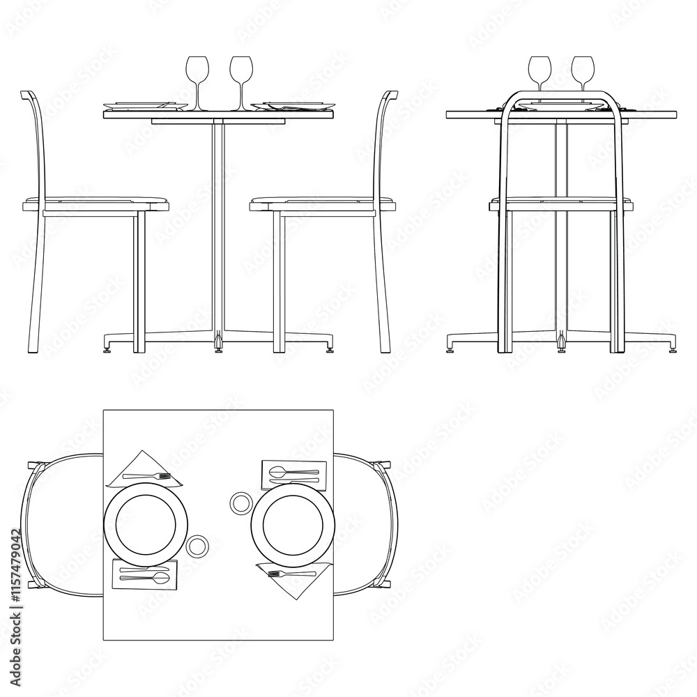 Illustrated Outline of Dining Chairs and Table Set in a Restaurant with ...