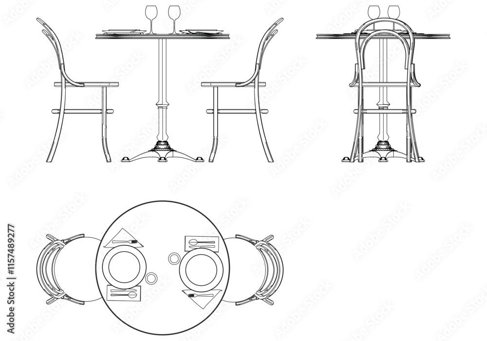 Illustrated Outline of Dining Chairs and Table Set in a Restaurant with ...