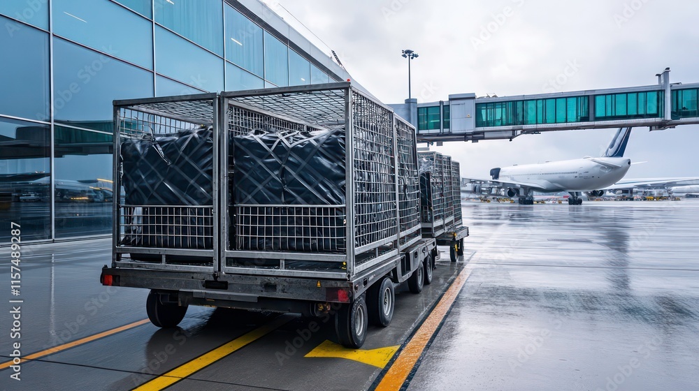 Tow tractor pulling luggage carts at airport apron. Transporting ...