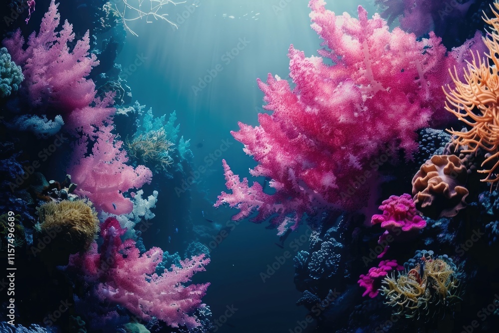 Flower sea living coral and reef color under deep dark water of sea ...