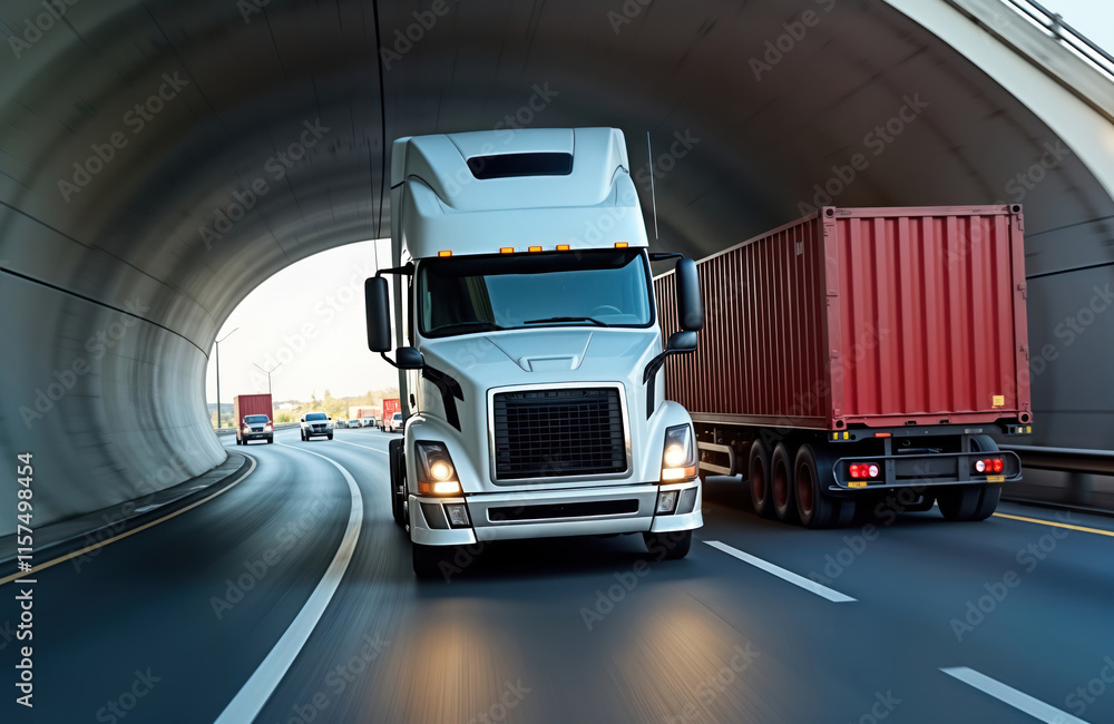 White semi-truck hauls cargo through urban tunnel. Modern vehicle ...