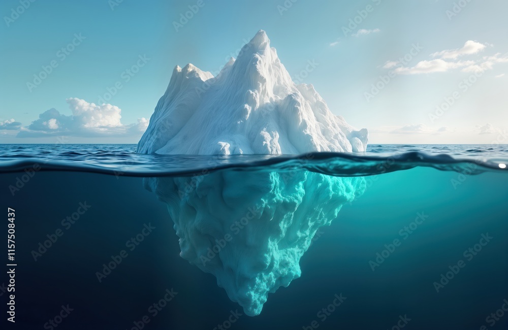 Large iceberg floats in deep blue water. Visible top, bottom part. Part ...