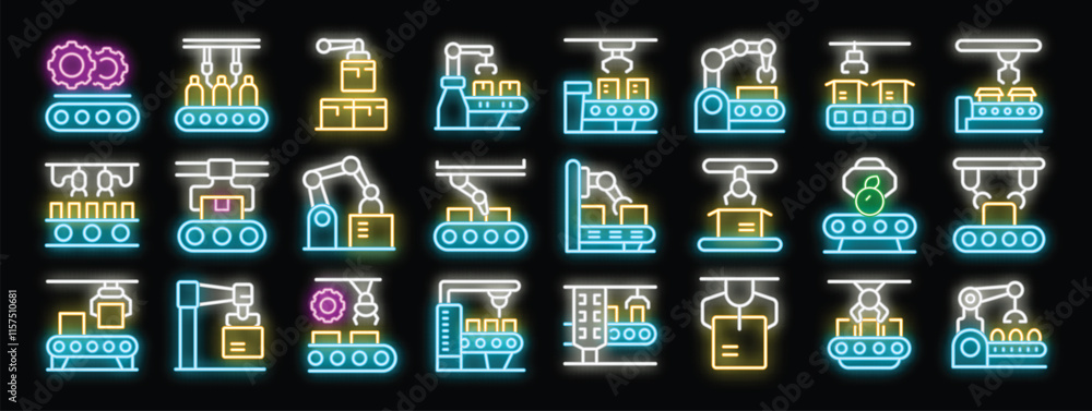 Neon icons representing automated conveyor belts, robotic arms handling ...