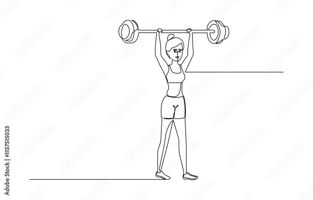 One single line drawing of fit young athlete muscular woman lifting ...