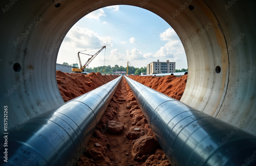 Underground pipeline installation project. Large concrete pipe encloses ...