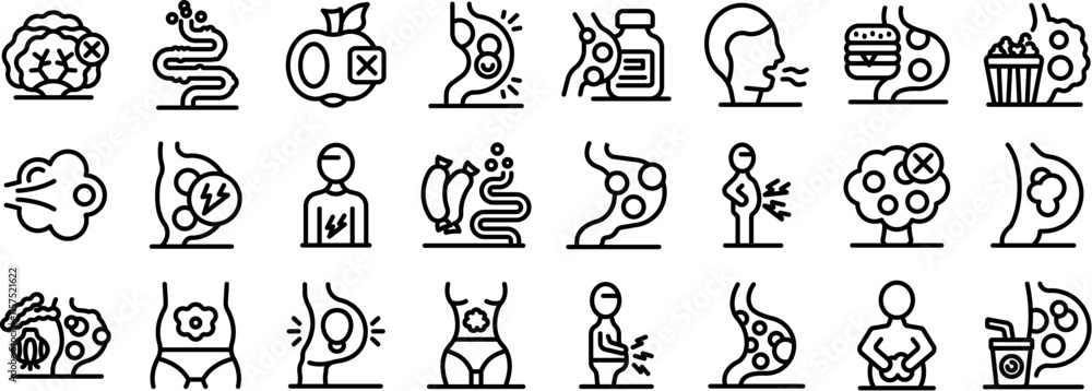 Bloating icons set. People experiencing digestive problems, discomfort ...