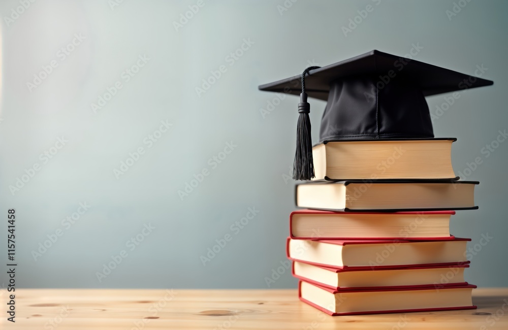 Graduation cap sits atop stack of books. Education, lifelong learning ...