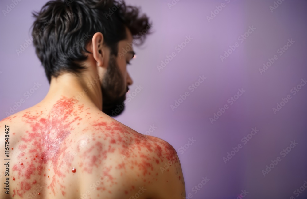 Man with painful rash on back. Red spots, blisters visible. Health ...