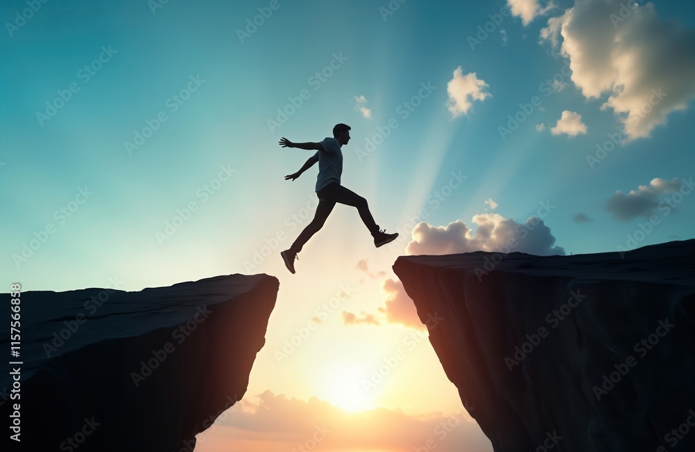 Man jumps between cliffs. Sunrise sky. Strong image for leadership ...
