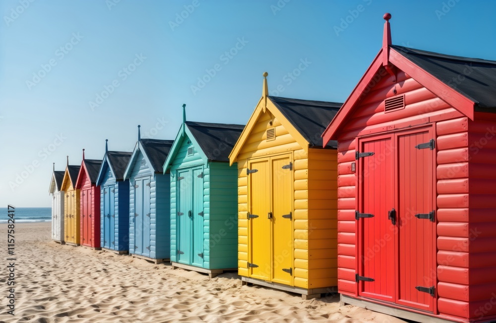 Colorful beach huts line sandy beach. Vivid colors of huts. Sunny day ...