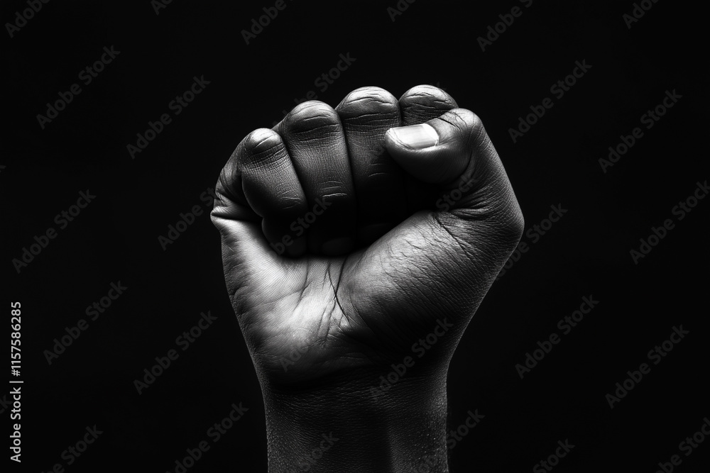 hand with a fist raised in the air. The hand is black and white ...
