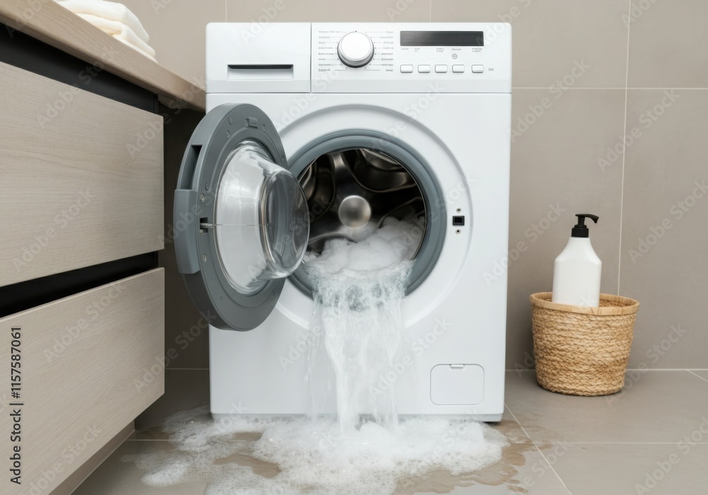 Modern washing machine overflowing with soapy water and flooding ...