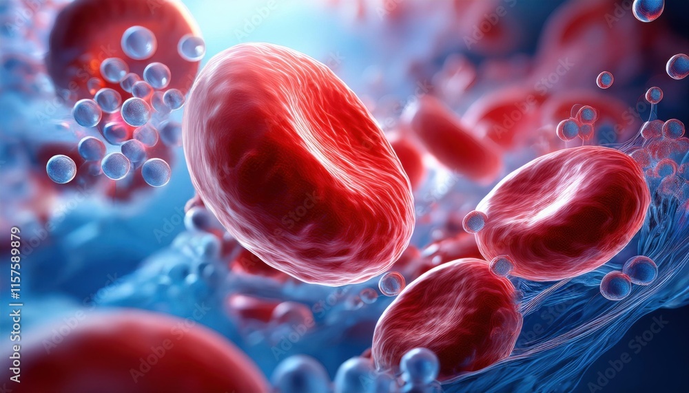 Red blood cells floating in a translucent liquid with visible oxygen ...