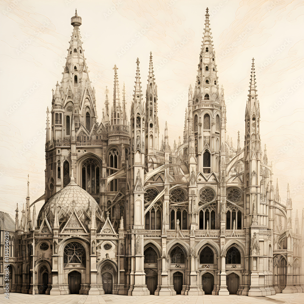 Design and Visual Drawing: Elaborate Gothic Cathedral Exterior with ...