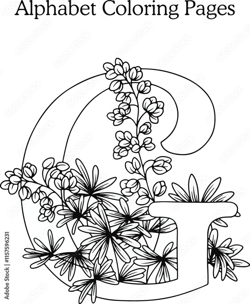Alphabet coloring pages worksheet in black and white illustrative style ...