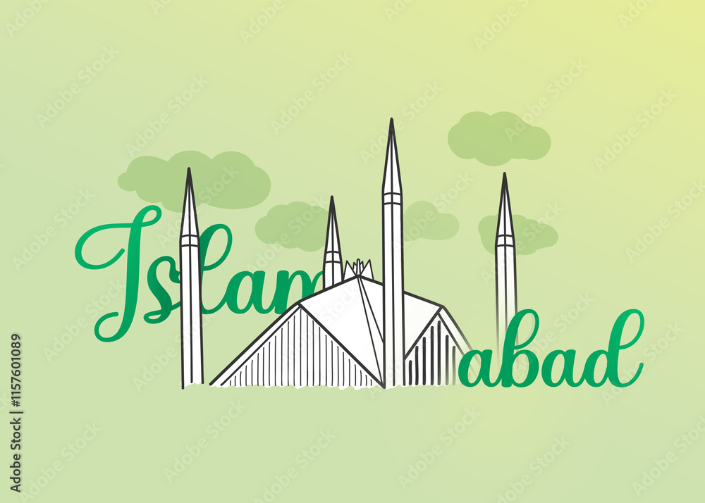 Faisal Mosque Islamabad monument vector illustration - with 'Islamabad ...