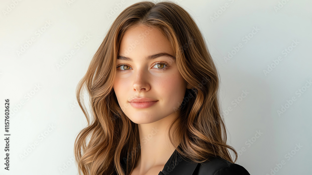 Confident woman showcasing healthy, glossy locks, soft lighting ...