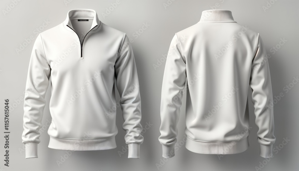 Blank white quarter zip sweater mockup front, back view. Stylish ...