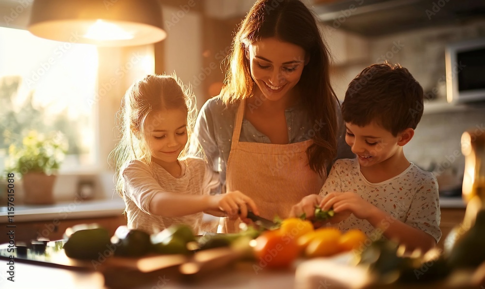 Happy family cooking healthy meal together in kitchen. Stock ...