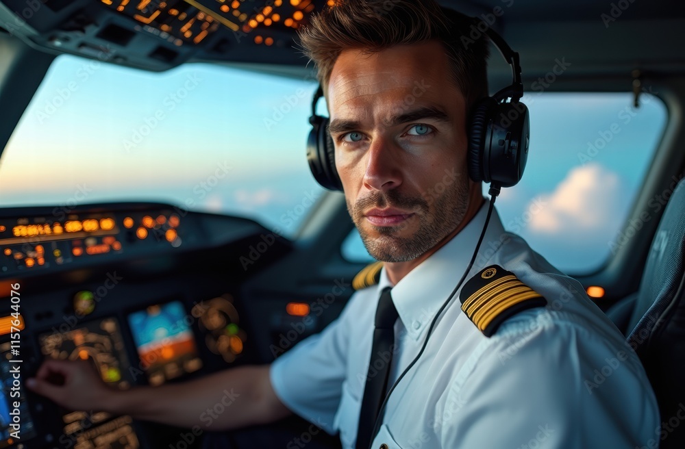 A portrait of a confident male commercial aircraft pilot seated in the ...