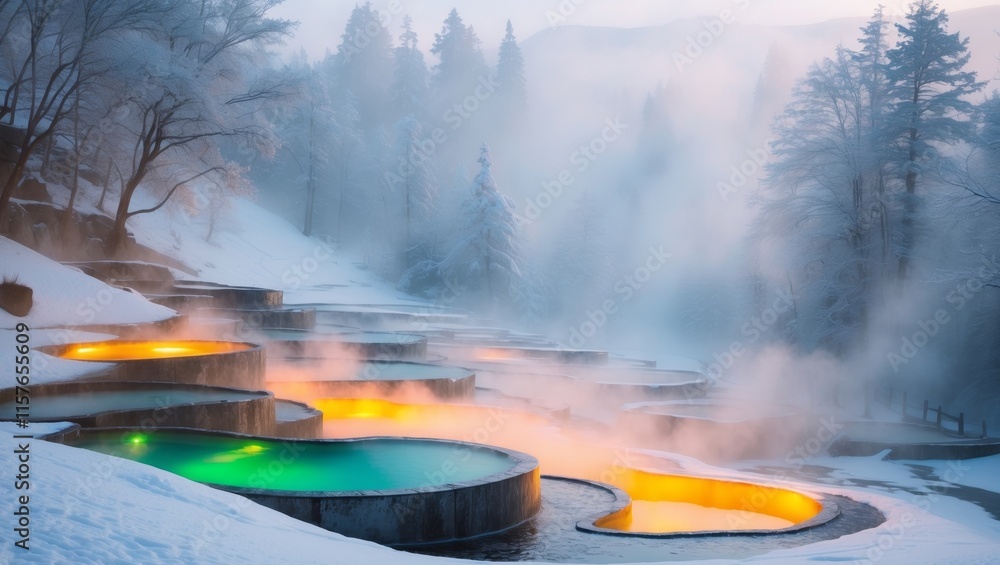 A series of terraced hot springs in a snowy landscape each pool glowing ...