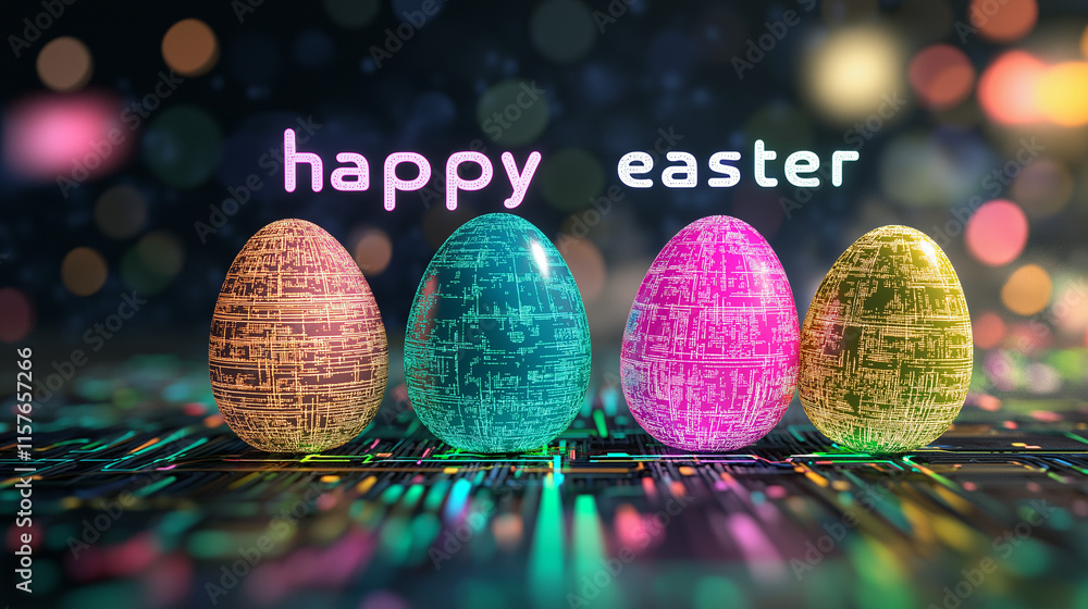 circuit board , Happy easter's text and easter eggs by technological ...