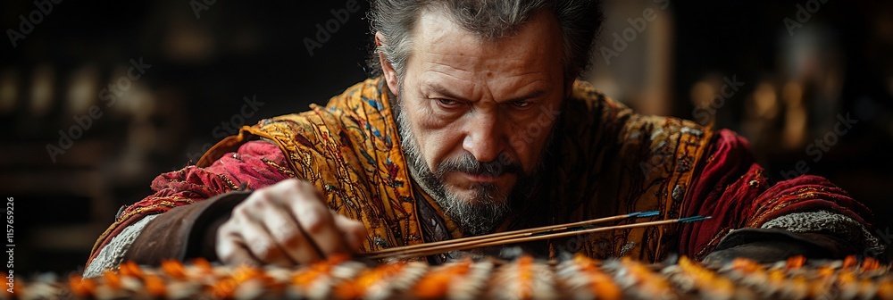 Medieval fletcher in detailed clothing assembling arrows with vibrant ...