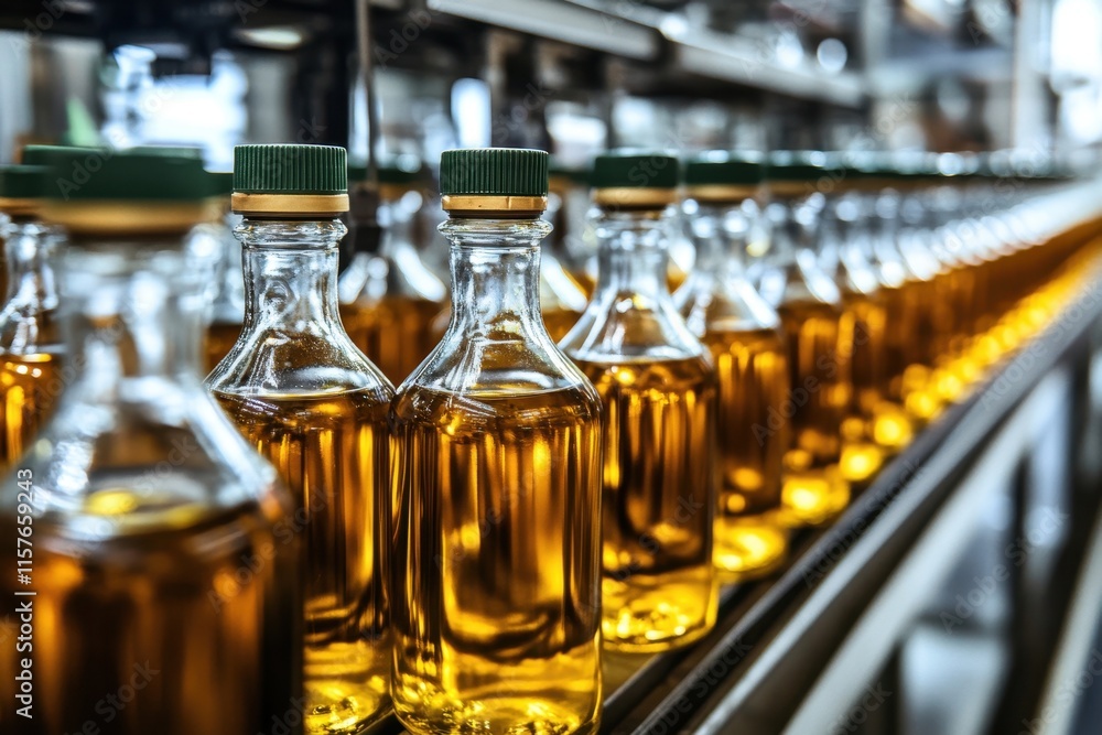 Bottles of cooking oil being filled on an assembly line in a production ...