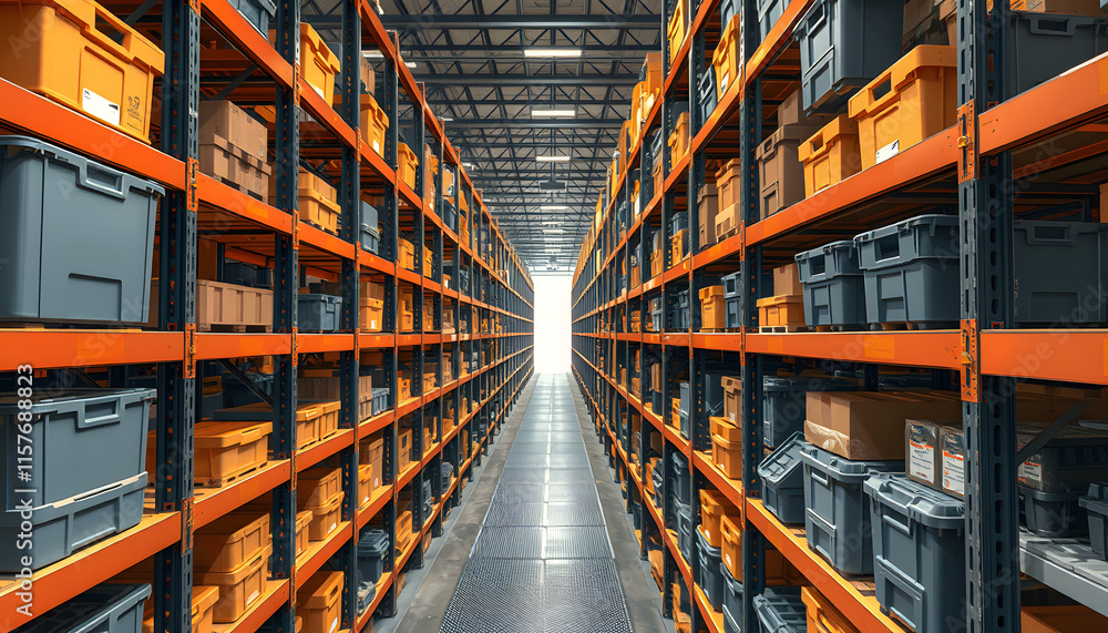 plastic boxes in the cells of the automated warehouse. Metal ...