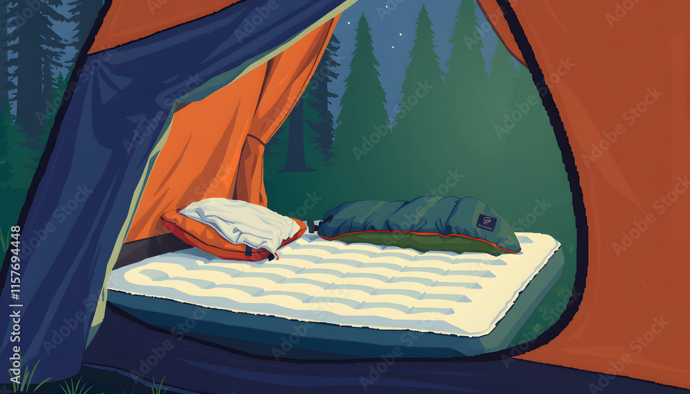 Inside a tent, a camper arranges a sleeping bag on an inflatable ...