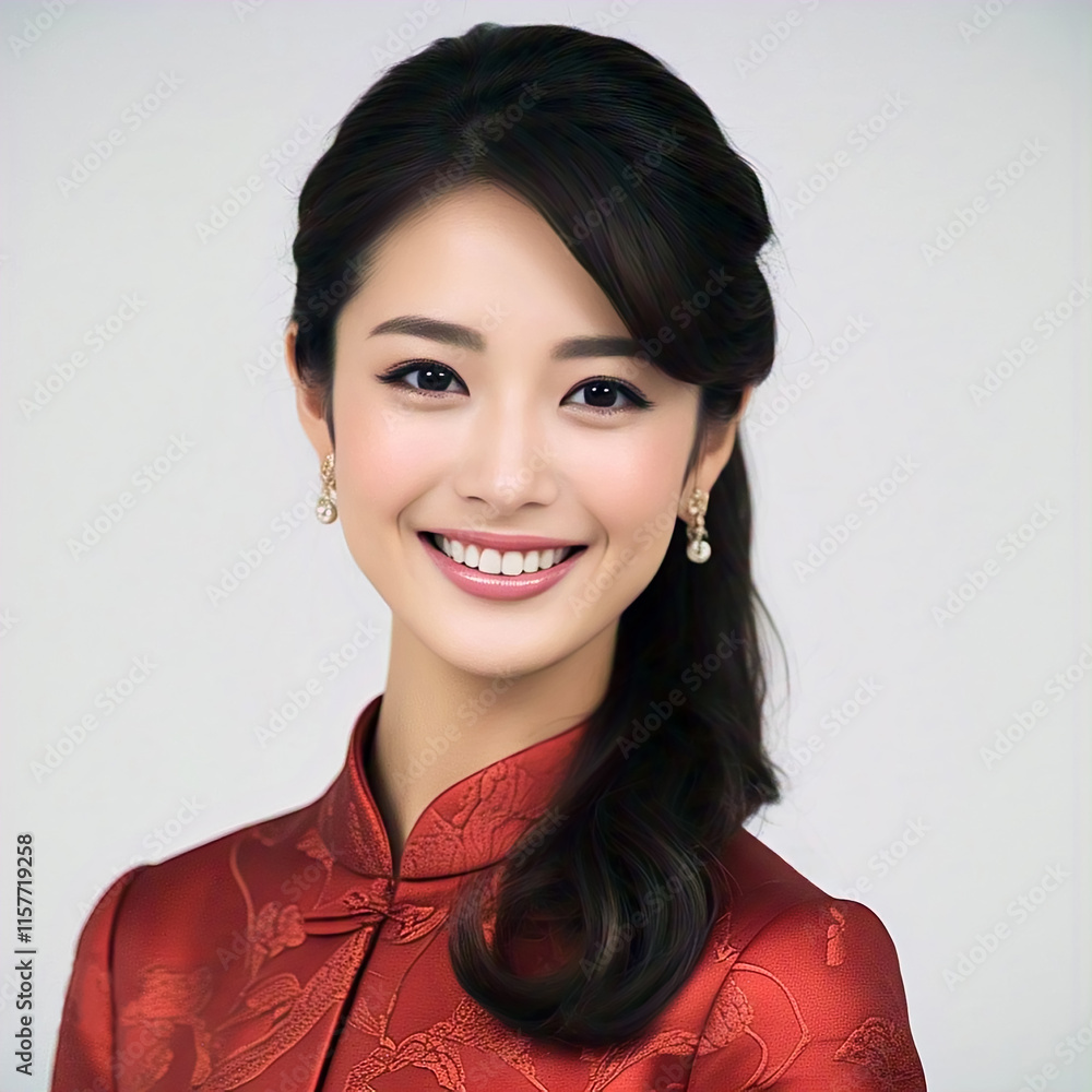 portrait of a japanese professional woman tv news presenter, long hair ...