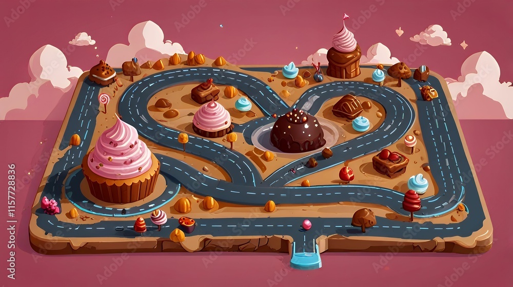 Game road map with level indicators on pink background. Cartoon ...