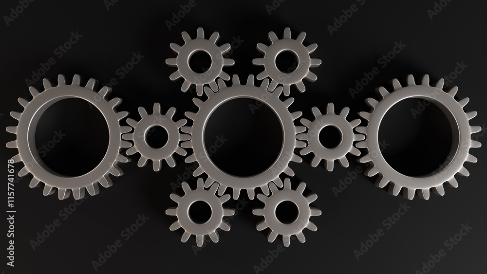 Illustration of a complex arrangement of metallic gears on a black ...