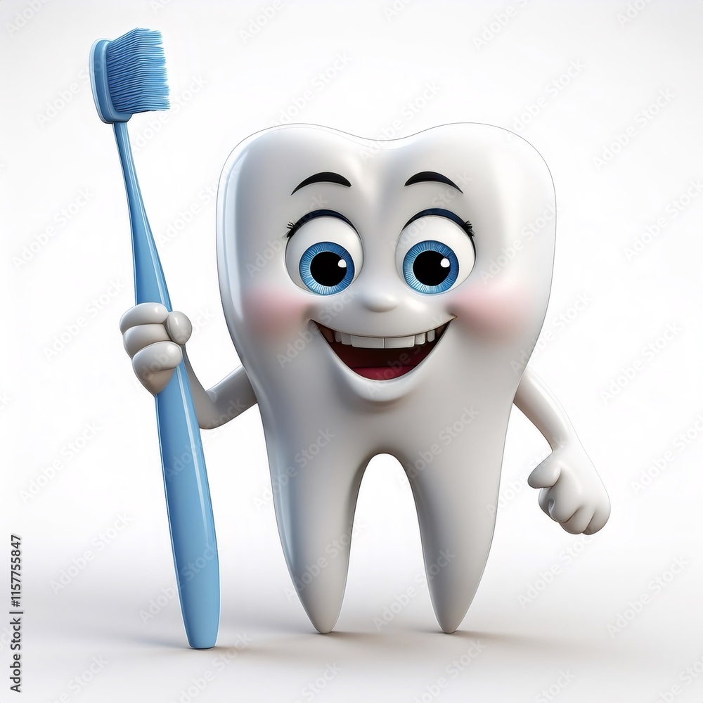 Cartoon tooth joyfully holding a toothbrush, emphasizing the importance ...