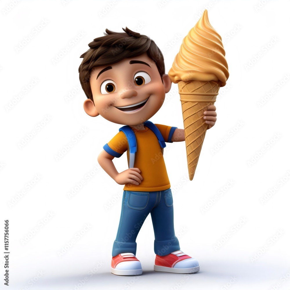 Cartoon student smiling broadly, grasping oversized ice cream cone with ...