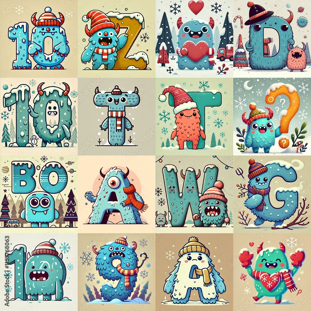 Cartoon Winter Monsters Lettering Typeface. AI generated illustration ...