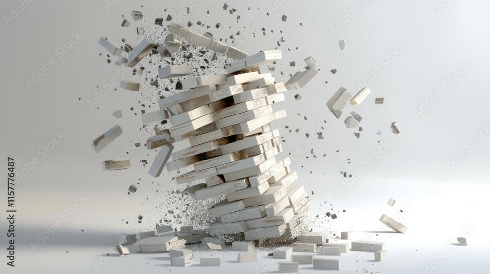 Tumbling Jenga Tower in Dramatic Motion with Scattered Blocks on ...