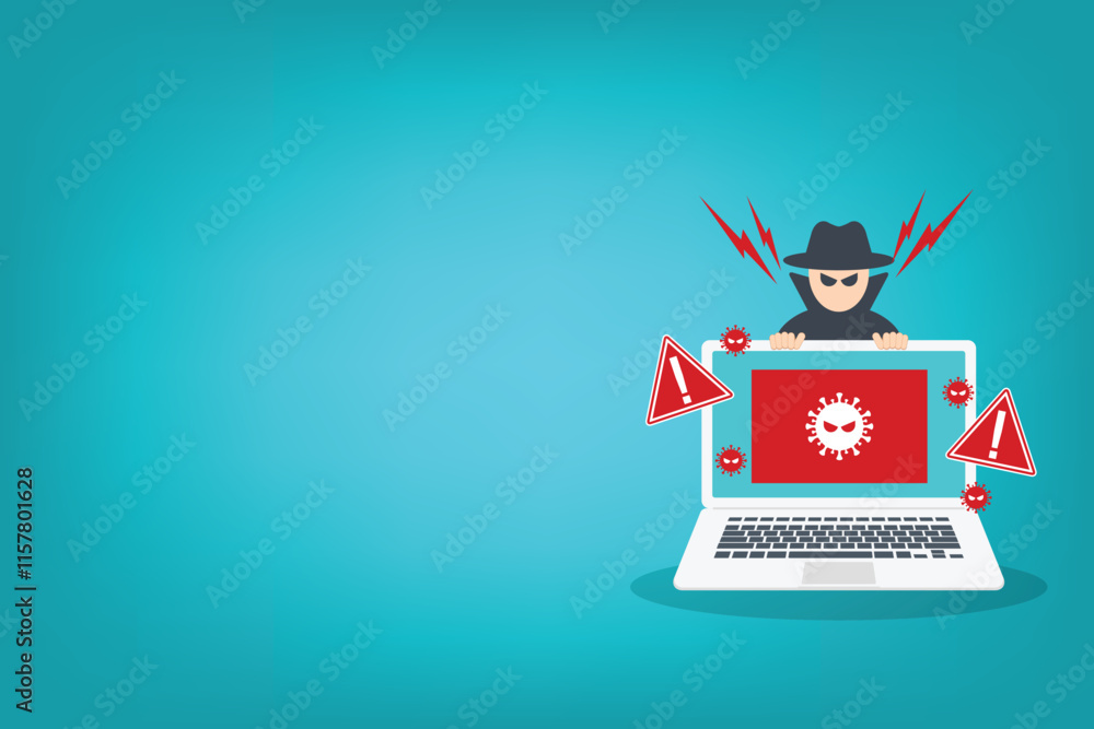 Hacker with laptop and virus notification, stealing confidential data ...