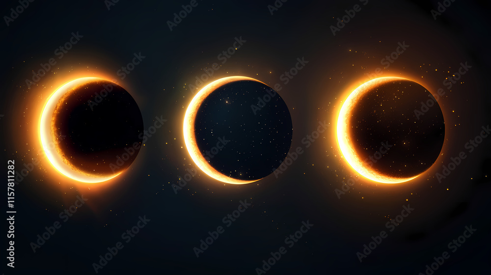 Solar eclipse in different phases. cosmos with moon and sun in total and partial solar eclipse ...