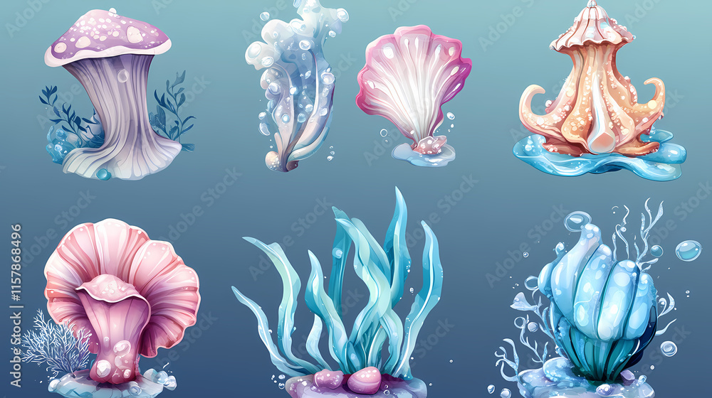 Marine set , six isolated illustrations on transparent background ...