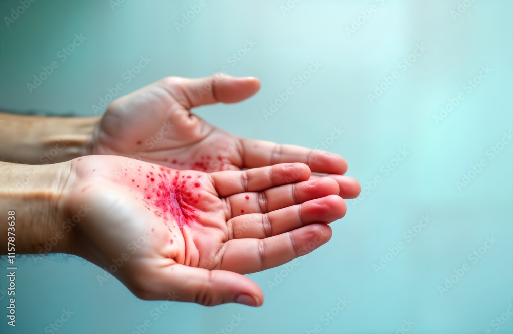 Adult male hands show painful rash. Red spots, blisters cover palms ...