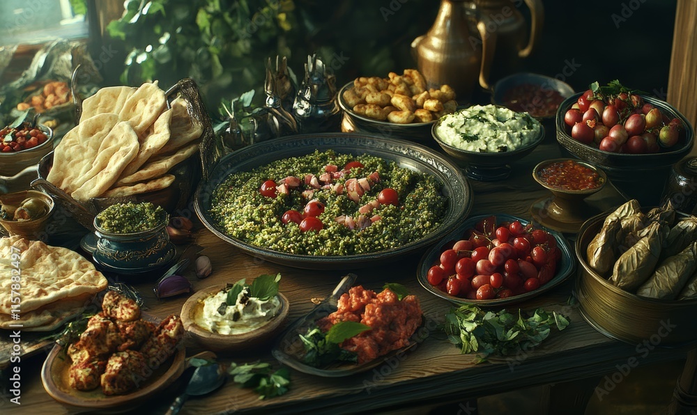 Authentic Lebanese mezze spread featuring tabbouleh, baba ghanoush ...