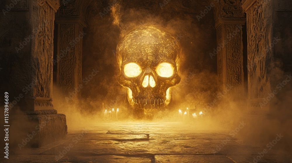Glowing skull in ancient stone chamber. Stock Illustration | Adobe Stock