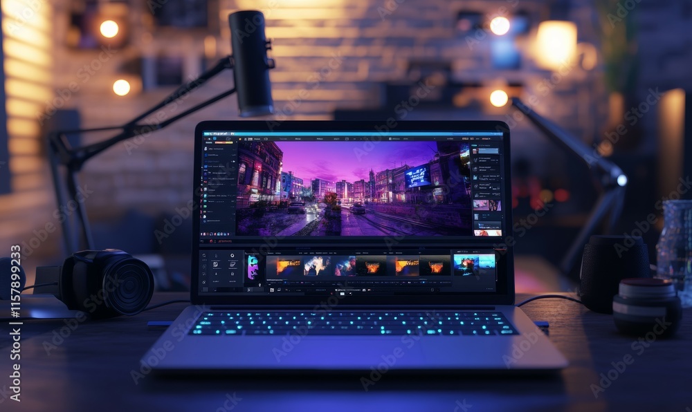 Laptop with a vibrant screen showing a live streaming interface ...