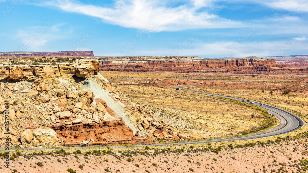 Стоковое фото «Interstate I70 winds through the San Rafael Swell at ...