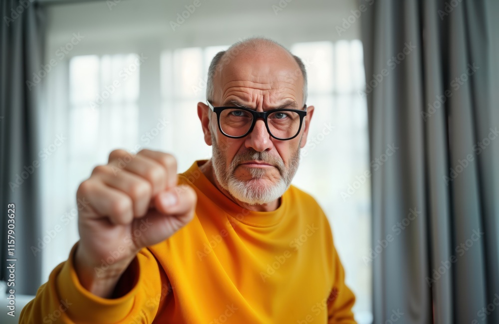 Angry senior man in yellow sweater shows fist. Mature Caucasian male ...