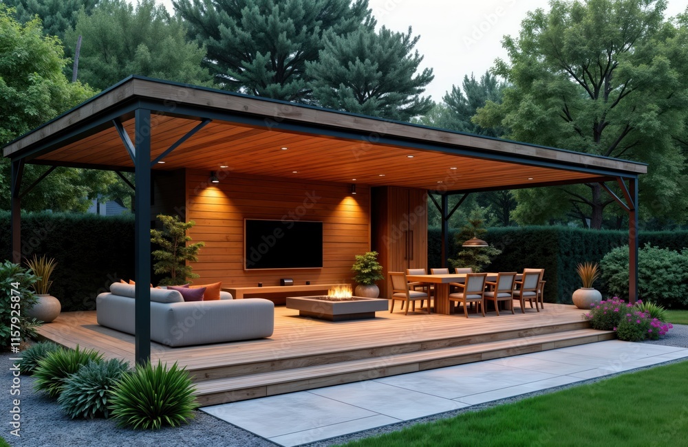 Stylish wooden gazebo in rich green garden setting. Outdoor relaxation ...