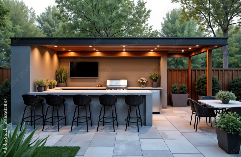 Outdoor patio entertainment area with built-in barbecue, bar. Stylish ...