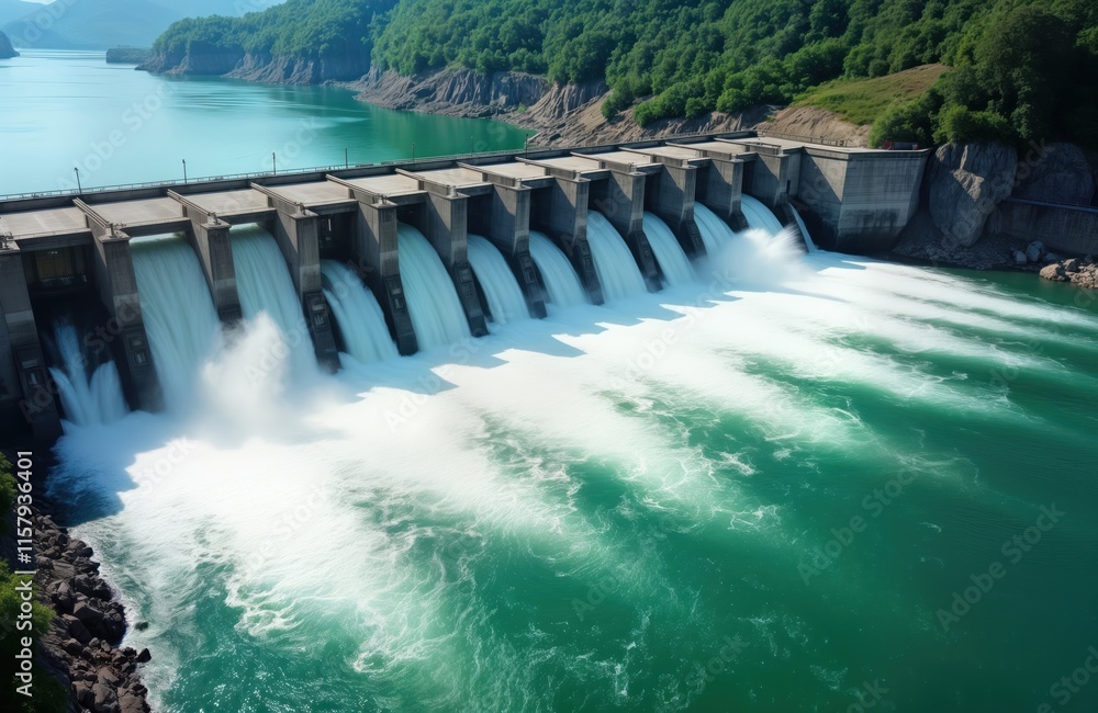 Hydroelectric power station releases water forcefully from multiple ...